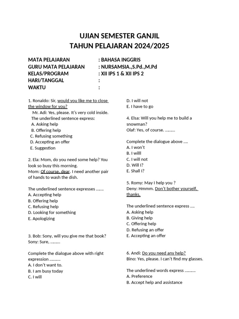 SOAL SEMESTER GANJIL KLS XII | PDF