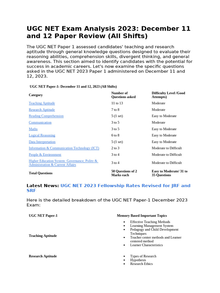 UGC NET PAPER 1 Exam Analysis | PDF | Reading Comprehension | Learning