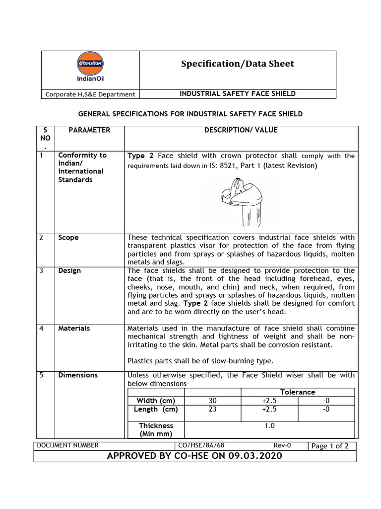 Industrial Safety Face Shield Specs | PDF