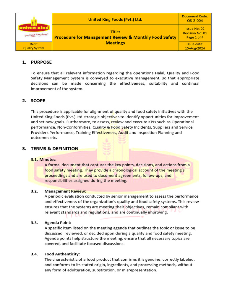 QS-2-004, Issue 01, Procedure For Management Review & Monthly Food ...