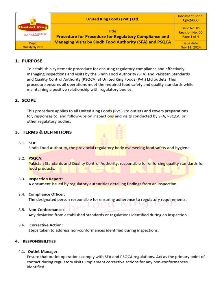 QS-2-000, Issue 01, Procedure For Regulatory Affairs Compliance, SFA ...