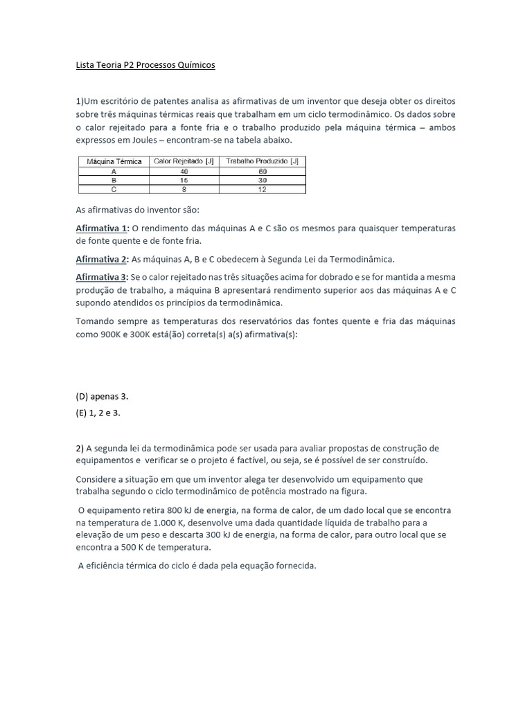 Questões de Termodinâmica e Ciclos Térmicos | PDF | Termodinâmica | Calor