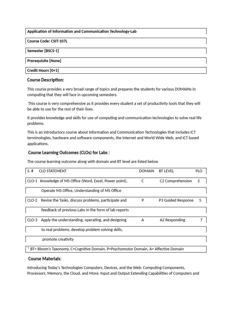 Course Outlines AICT Lab | PDF | Microsoft Excel | Educational Technology
