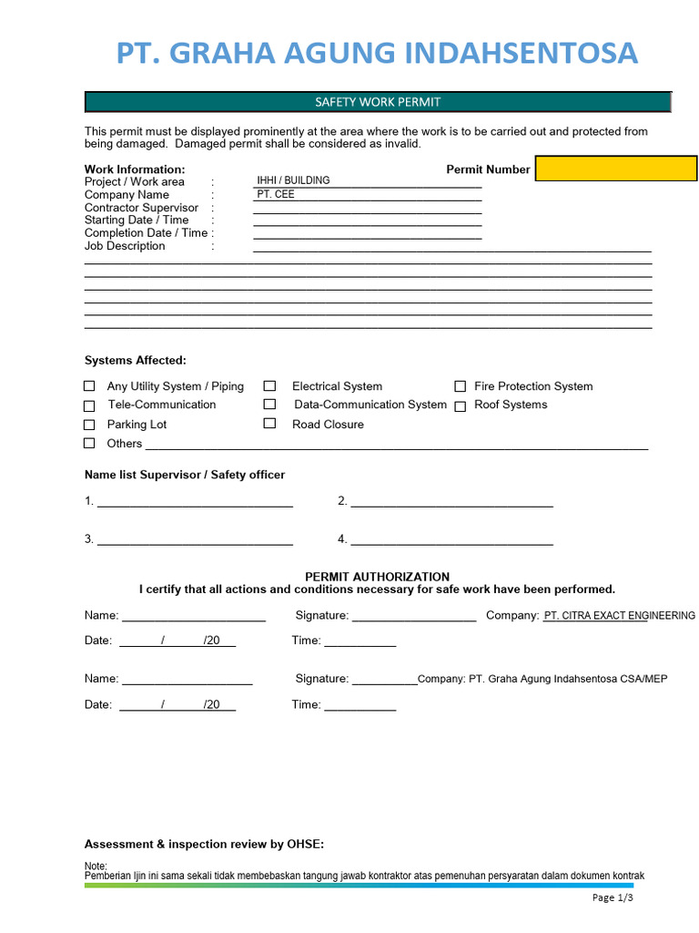Safety Work Permit Template | PDF | Personal Protective Equipment | Safety