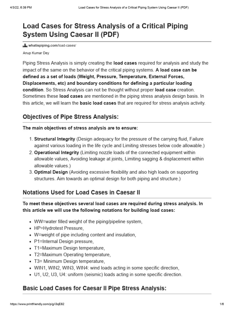 Load Cases For Stress Analysis of A Critical Piping System Using Caesar ...