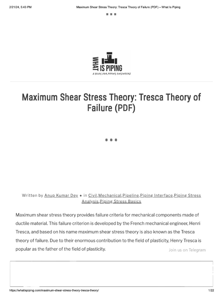 Maximum Shear Stress Theory Tresca Theory | PDF