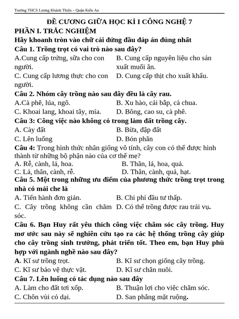 ĐỀ CƯƠNG CN 7 GK1 | PDF