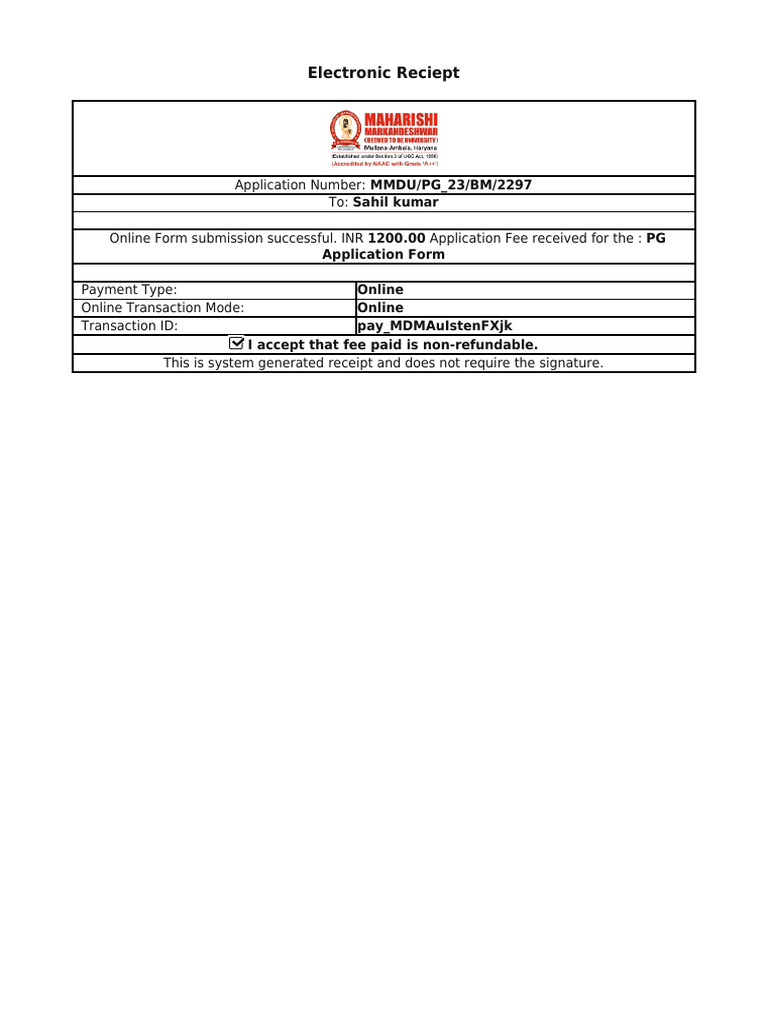 Acknowledgement Receipt MMDU PG 23 BM 2297 | PDF