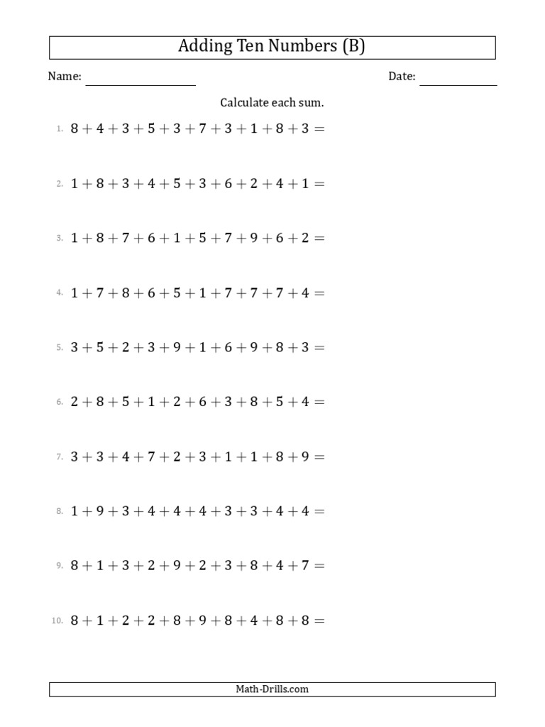 Adding Ten Numbers Worksheet B | PDF