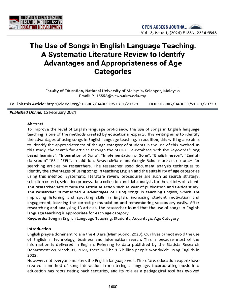 The Use of Songs in English Language Teaching A Systematic Literature ...