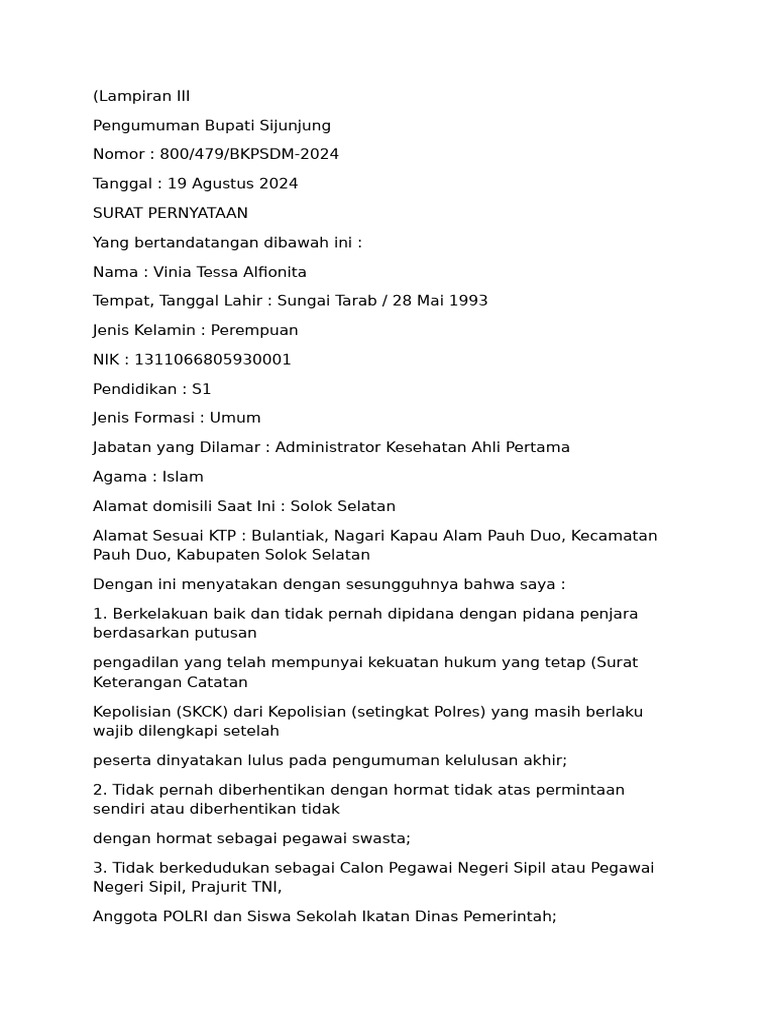 Surat Pernyataan Caca 1 | PDF