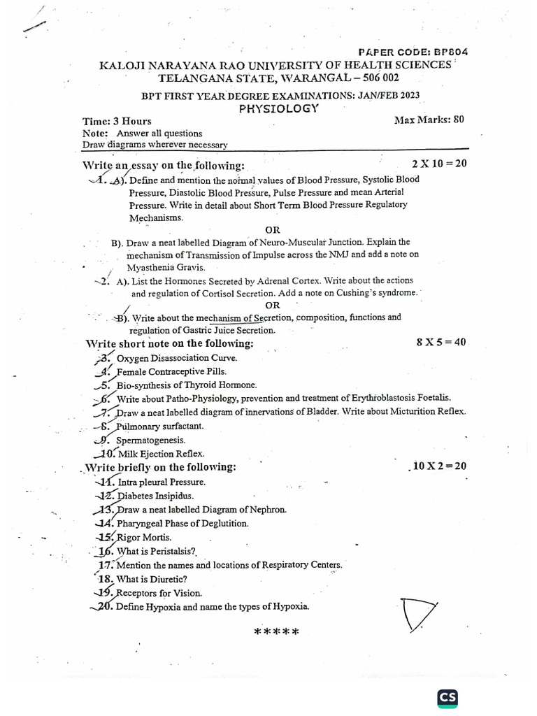 Physiology Previous Year Question Papers For BPT | PDF