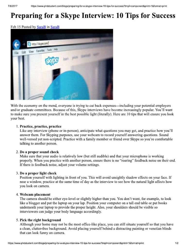 Preparing For A Skype Interview 10 Tips For Success | PDF
