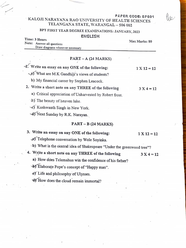 Previous Year Questions Paper For English For BPT | PDF