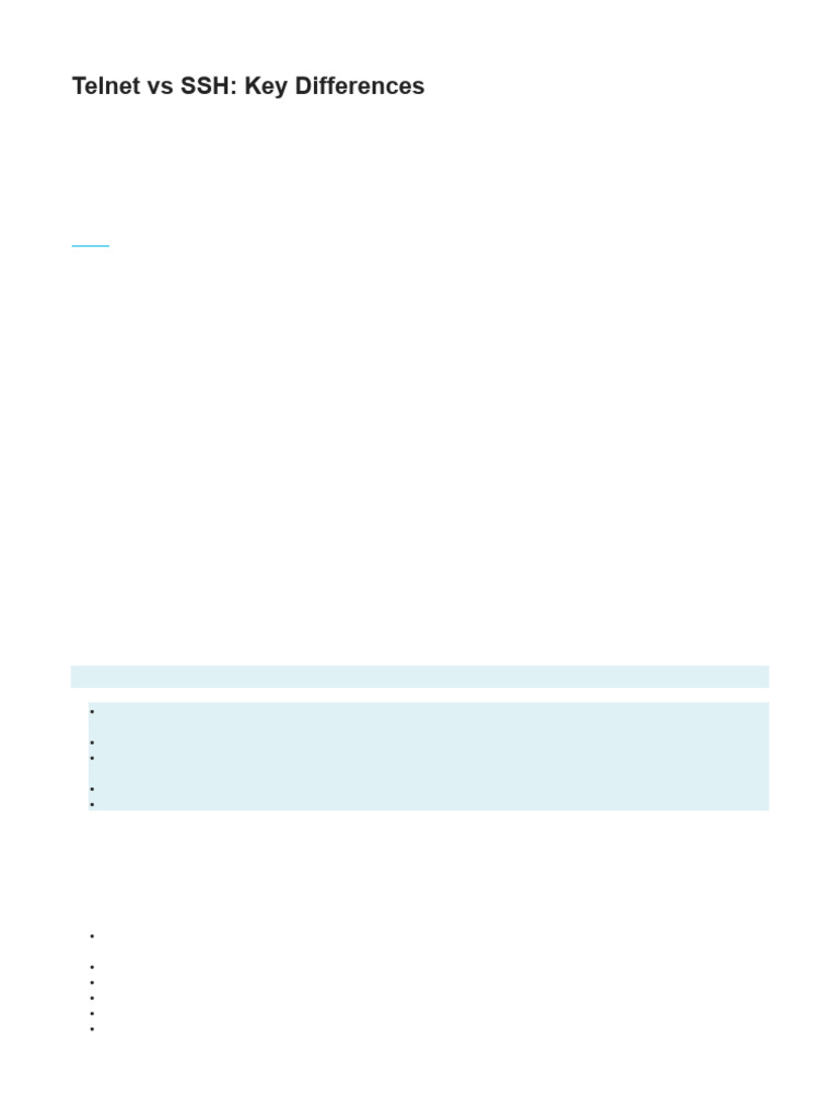 Telnet Vs SSHKey Differences | PDF | Secure Shell | Security