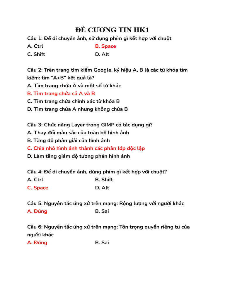 ĐỀ CƯƠNG TIN HK1 | PDF