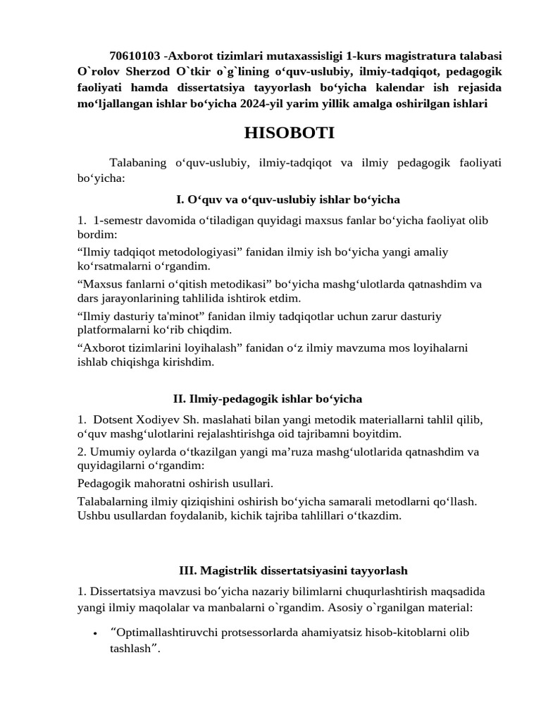 Yarim Yillik Hisobot | PDF