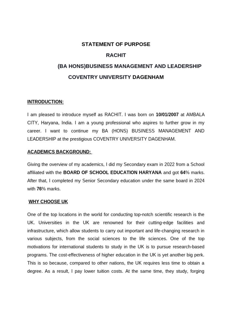 Rachit Coventry University Dagehnam Sop | PDF | Knowledge | Cognition