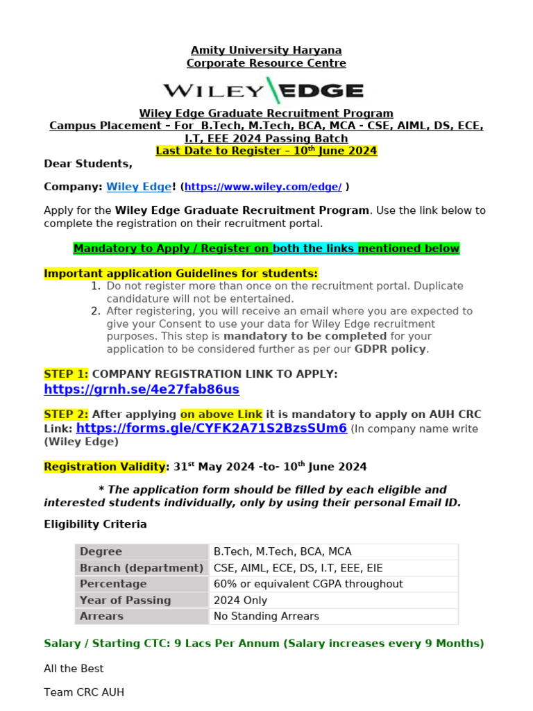 Important - AUH CRC Job Notice - Wiley Edge - For B.Tech, M.Tech, BCA, MCA - CSE, AIML, DS, ECE ...