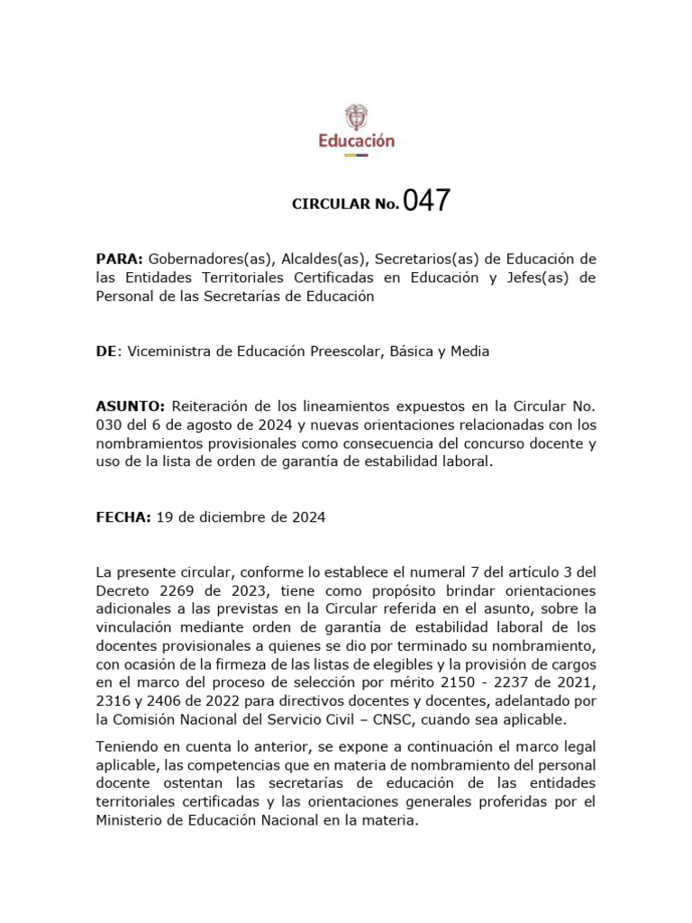 Circular 047 Del 19 de Diciembre de 2024 Reiteración de Los Lineamientos Expuestos en La ...