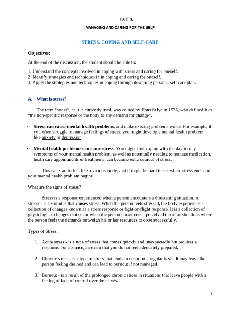 Handouts On Stress Coping and Self Care | PDF | Stress (Biology ...