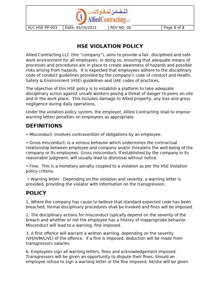 Alc-Hse-Pp-003-Hse Violation Policy-R0 | PDF | Employment | Justice