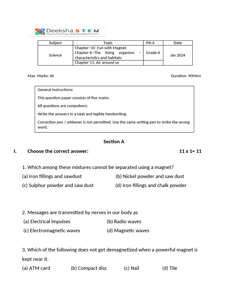 Grade 6 - Science - PA 4 - Draft Question Paper - 30th Modified by ...