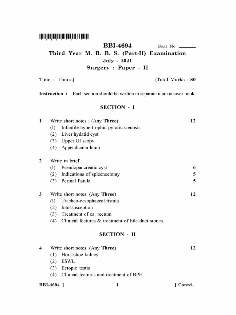 Third Year M. B. B. S. (Part-Ii) Examination July - 2021 Surgery ...