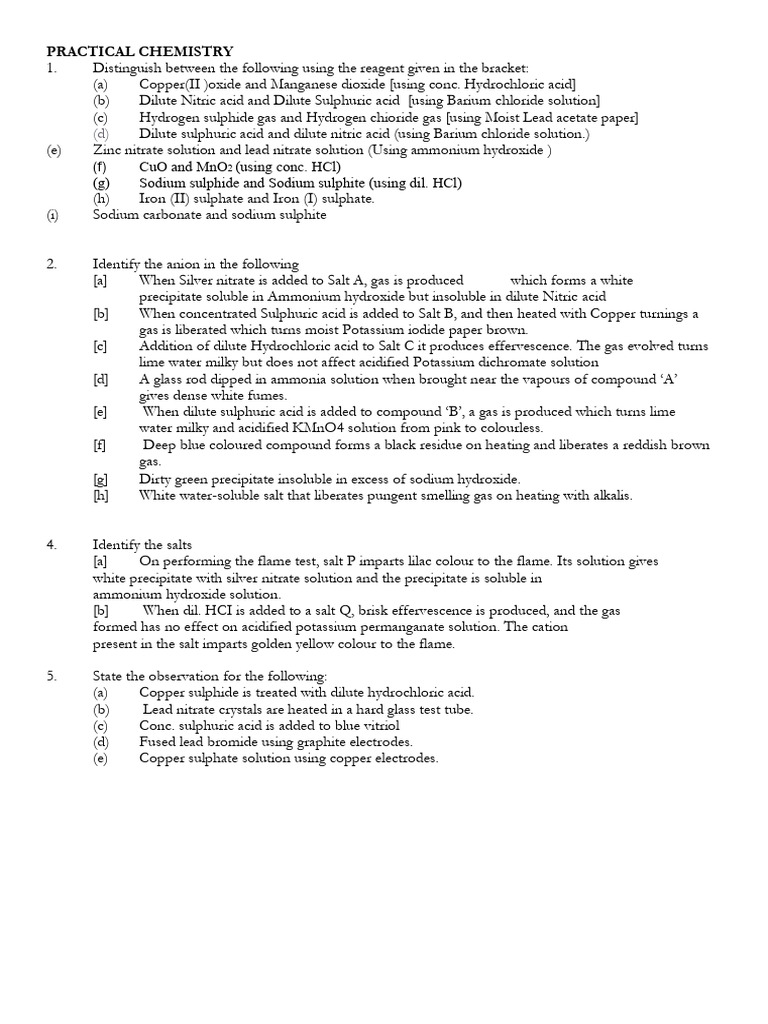 Practical Chem Work Sheet Icse Class 10 | PDF | Salt (Chemistry) | Acid