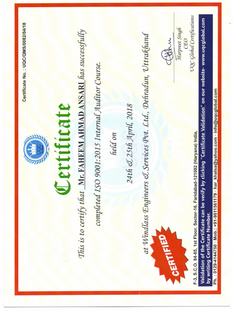 ISO 9001 Internal Auditor Certificate | PDF