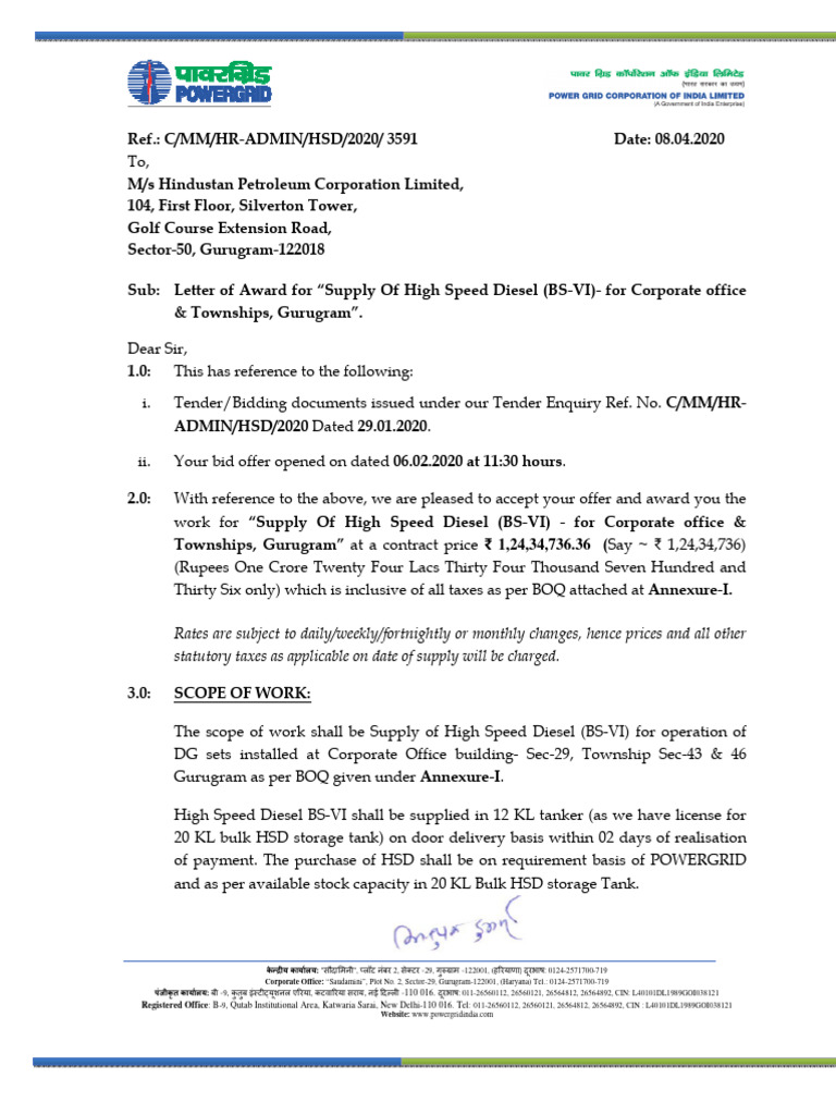 LOA For High Speed Diesel | PDF | Arbitration | Civil Law (Legal System)