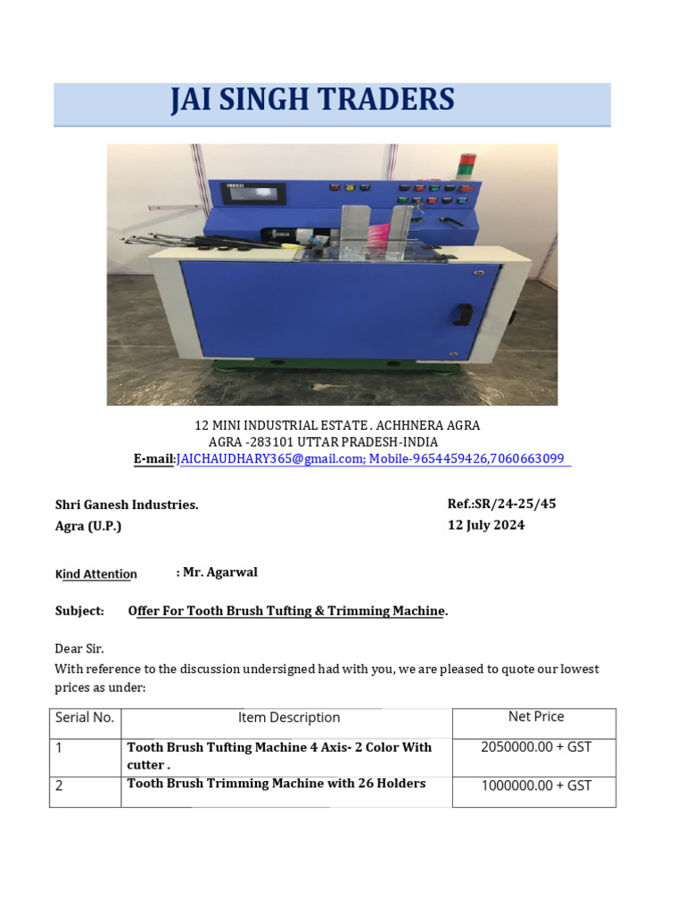 06 Tooth Brush Tufting & Trimming Machine Quotation With Cutter For Shri Ganeshan Gruh Udyog PDF ...