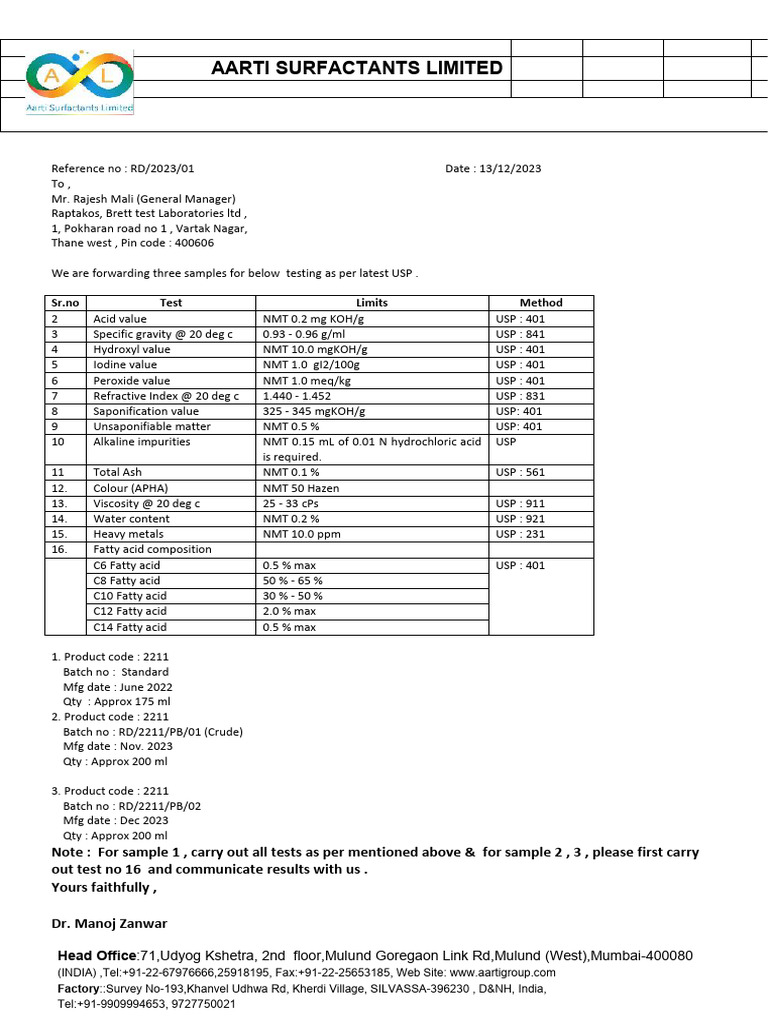 Covering Letter Raptakos New | PDF | Chemical Substances | Chemical ...