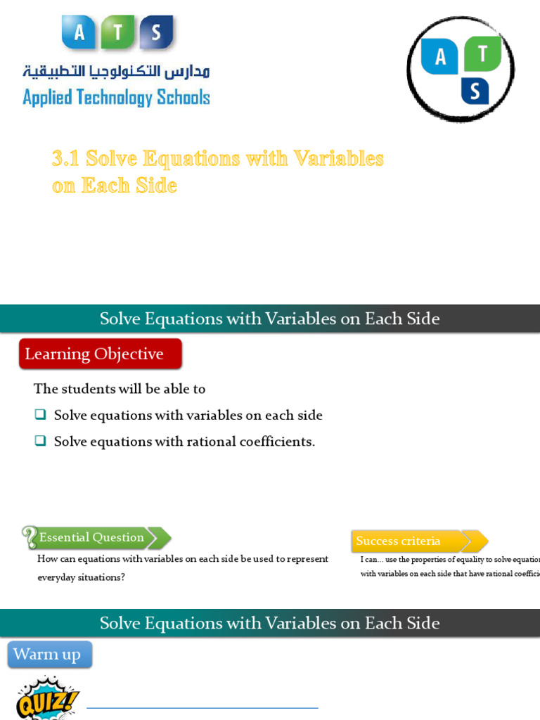 3.1 Solve Equations With Variables on Each Side | PDF | Equations ... 3.1 Solve Equations With Variables on Each Side | PDF | Equations ...