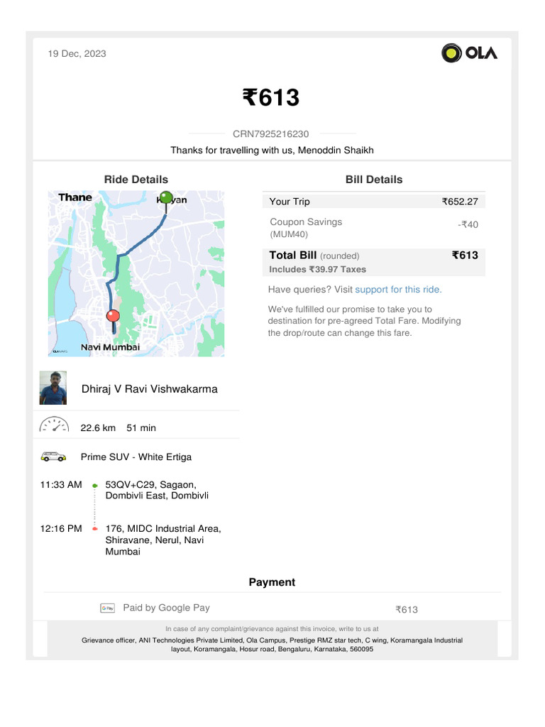 Ola expenses Dombivali - Nerul | PDF | Invoice | Payments