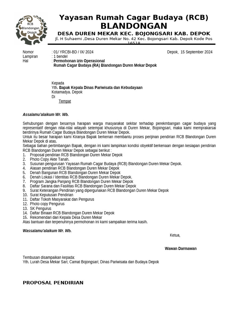 Proposal - Pendirian - Yayasan RCB B Andongan Depok | PDF