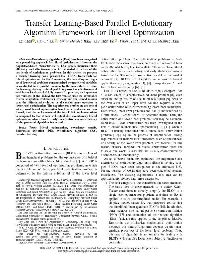 Transfer Learning-Based Parallel Evolutionary Algorithm Framework For ...