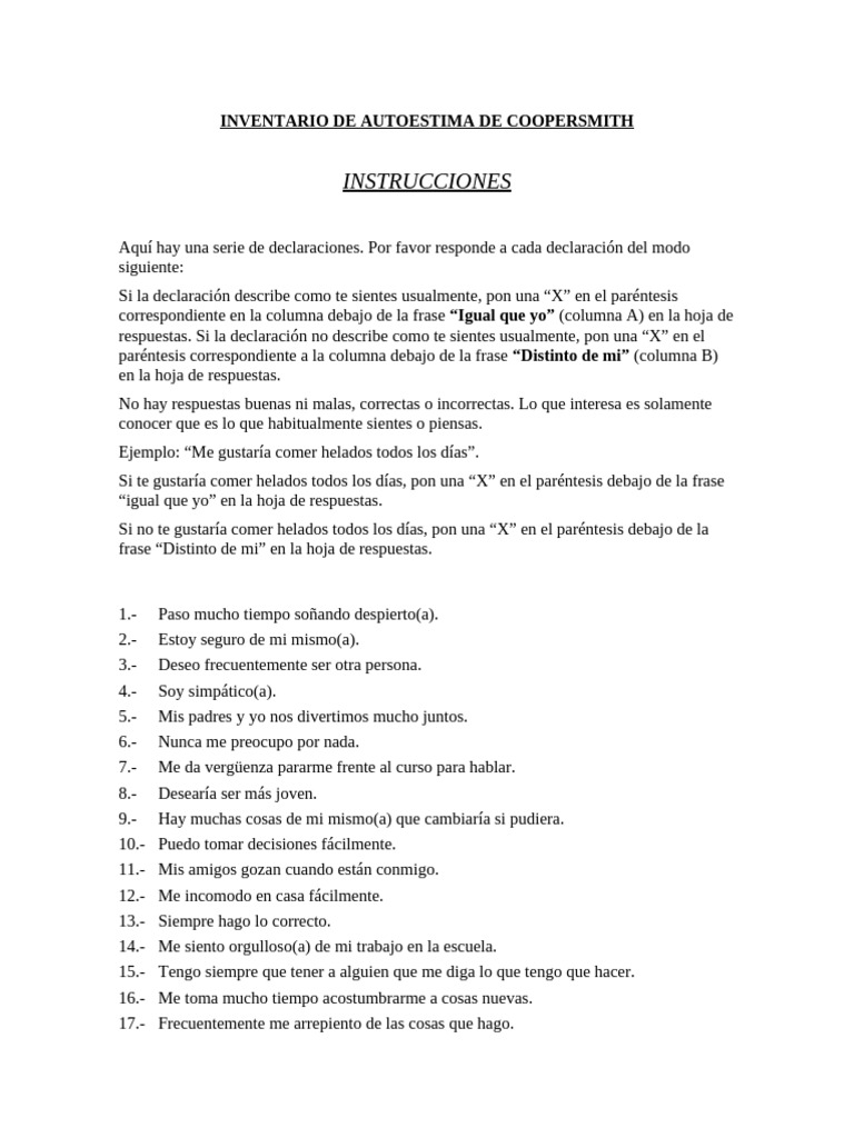 Autoestima de Coopersmith | PDF