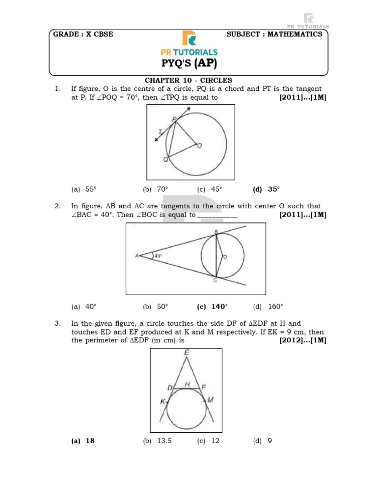 CBSE Class X Circles: Past Exam Questions | PDF