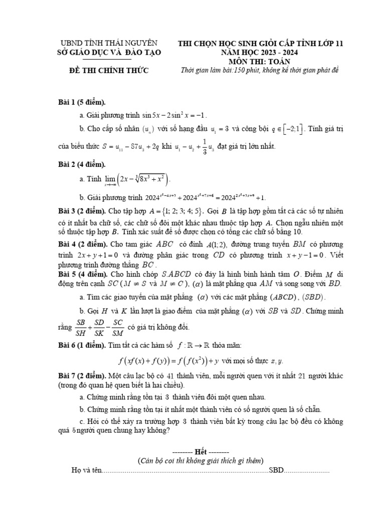 De Hoc Sinh Gioi Cap Tinh Toan 11 Nam 2023 2024 So GDDT Thai Nguyen | PDF