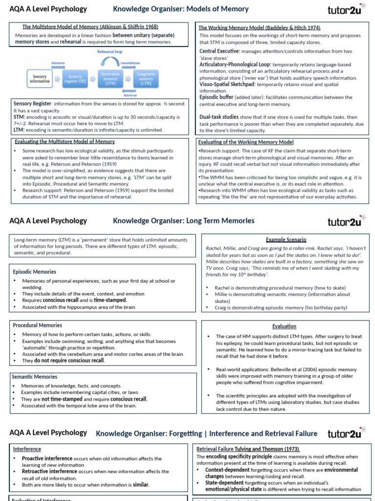AQA A Level Psychology: Memory Models | PDF | Recall (Memory) | Memory