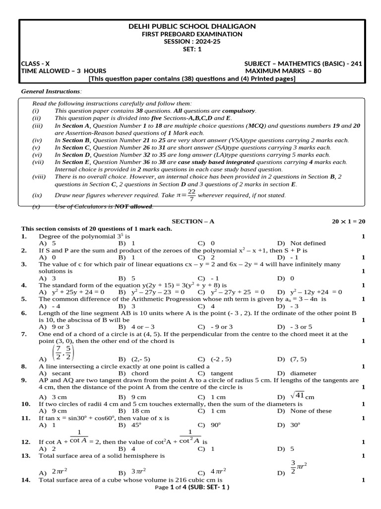 Class X Maths Pre-Board (Set-1) 2024-24 by DPS, Dhaligaon | PDF | Circle | Triangle