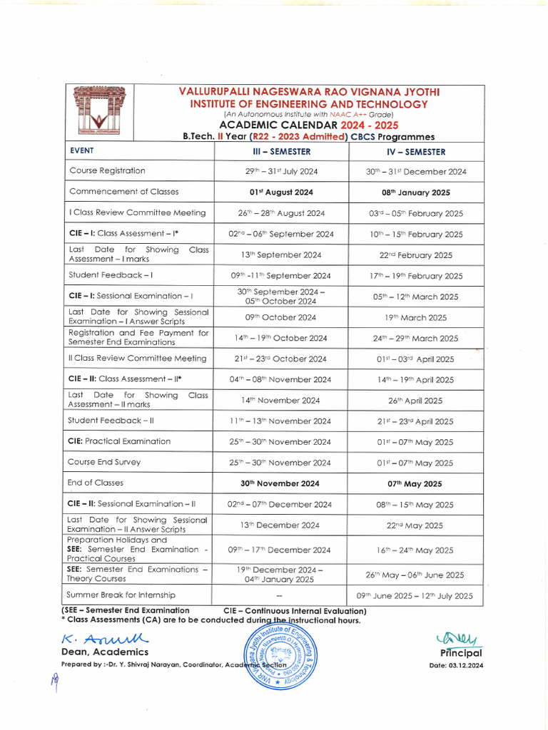 B.Tech. II Year Academic Calendar 2024-2025 R22 03122024 Scanned | PDF