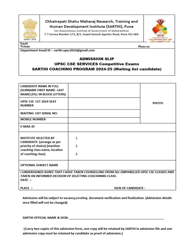 SARTHI UPSC Coaching Admission | PDF