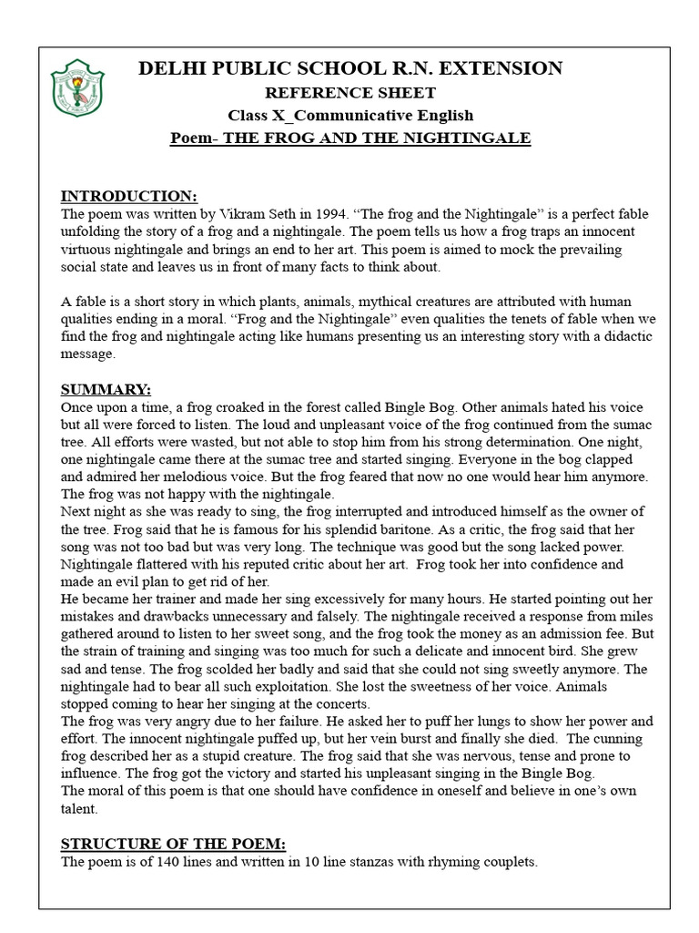 Frog and Nightingale Poem Summary | PDF | Poetry | Rhyme
