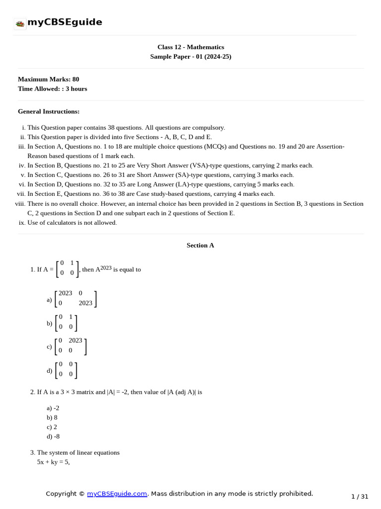 12_maths_sp_01f | PDF | Trigonometric Functions | Matrix (Mathematics)