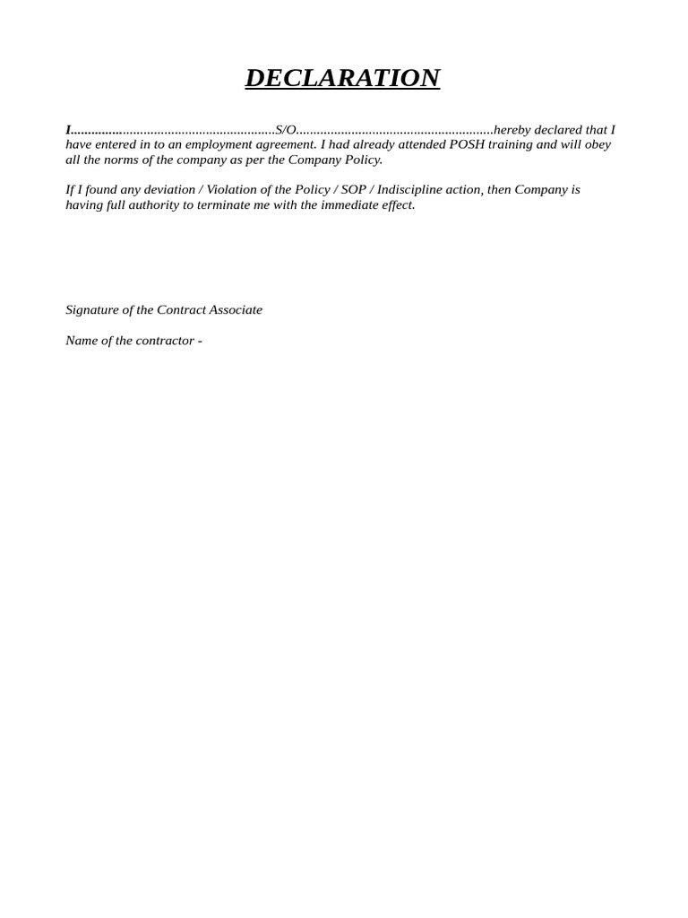 Declaration Letter For New Joining | PDF