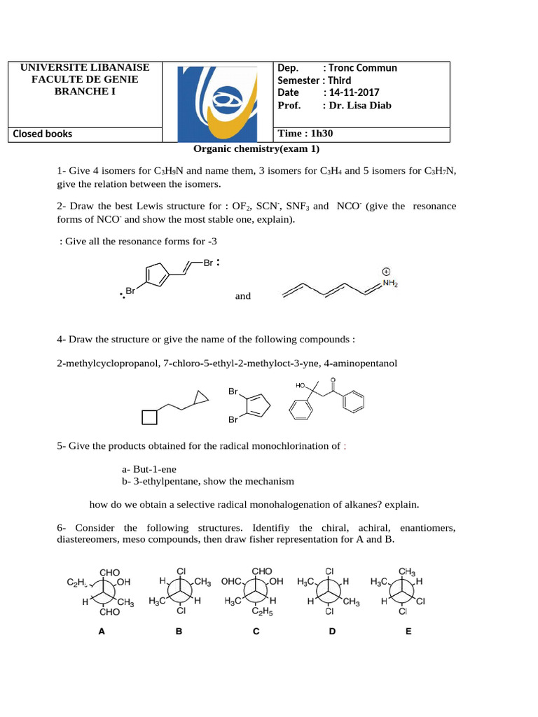 Organic Chemistry Exam 1 Overview | PDF