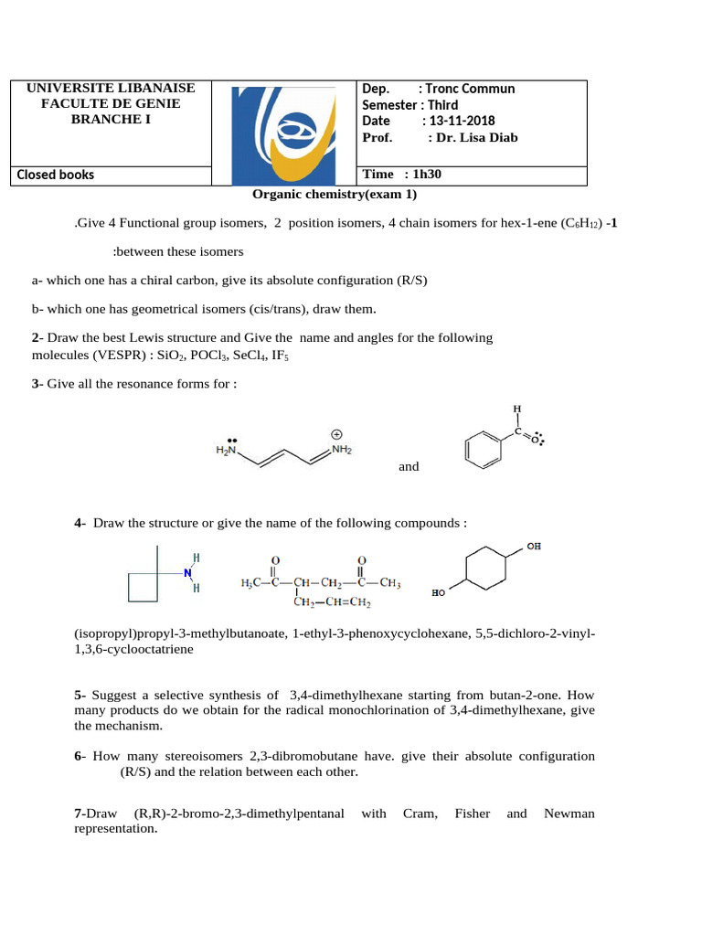 9-Organic Chemistry Midterm Exam 2017-2018 | PDF
