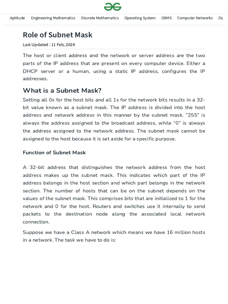 Role of Subnet Mask | PDF | Computer Network | Ip Address